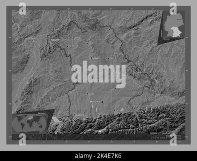 Bayern, region of Germany. Bilevel elevation map with lakes and rivers ...