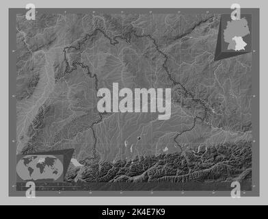 Bayern, region of Germany. Grayscale elevation map with lakes and ...