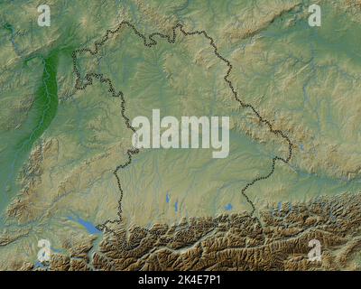 Bayern, region of Germany. Colored elevation map with lakes and rivers ...