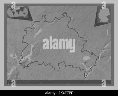 Berlin, state of Germany. Grayscale elevation map with lakes and rivers ...