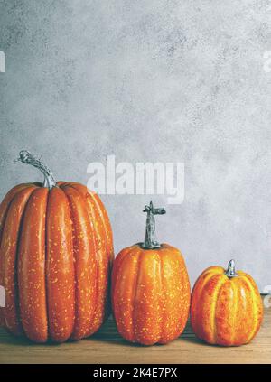Three mock-up pumpkins on wooden table. Moody Style. Halloween concept ...