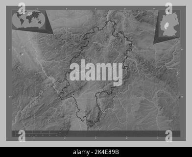 Hessen, state of Germany. Grayscale elevation map with lakes and rivers ...
