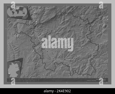 Saarland, state of Germany. Grayscale elevation map with lakes and ...