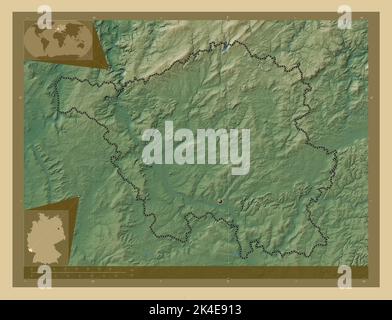 Saarland, state of Germany. Colored elevation map with lakes and rivers ...