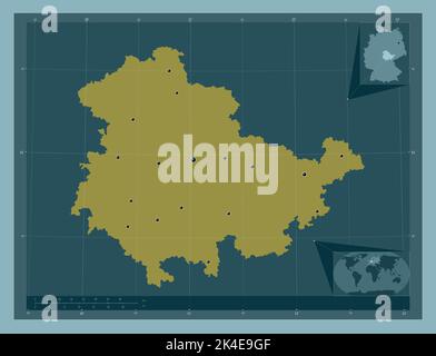 Thuringen, state of Germany. Solid color shape. Locations and names of ...