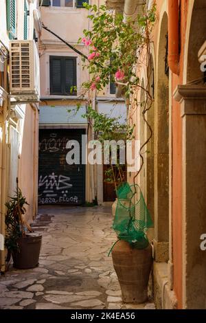 Corfu, Greece. September 02, 2022: A view of a typical narrow street in ...