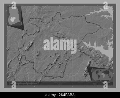 Ashanti, region of Ghana. Bilevel elevation map with lakes and rivers ...