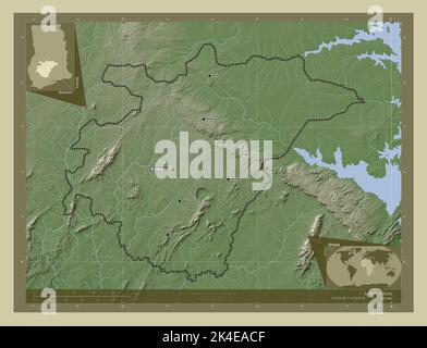 Ashanti, region of Ghana. Colored elevation map with lakes and rivers ...