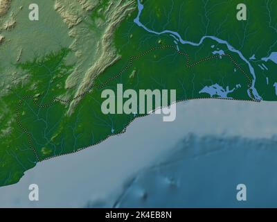 Greater Accra, region of Ghana. Colored elevation map with lakes and ...