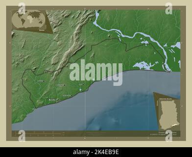 Greater Accra, region of Ghana. Colored elevation map with lakes and ...