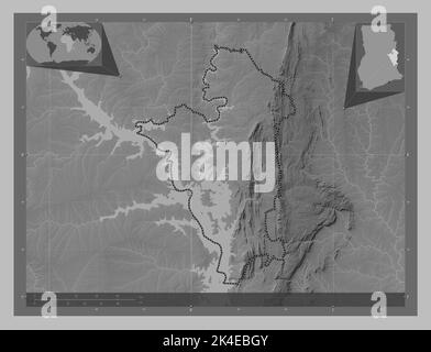 Oti, region of Ghana. Grayscale elevation map with lakes and rivers ...