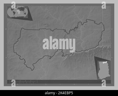Upper East, region of Ghana. Grayscale elevation map with lakes and ...