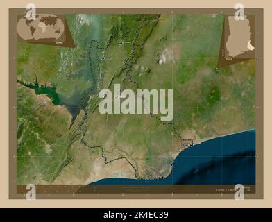 Volta, region of Ghana. Low resolution satellite map. Locations of ...