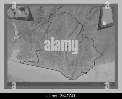 Western, region of Ghana. Grayscale elevation map with lakes and rivers ...
