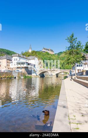 Vianden (Veianen), river Our, Vianden Castle, old town in Luxembourg ...