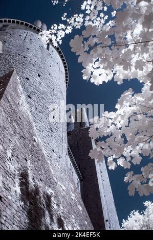 Vertical low angle shot of a medieval building with brick walls Stock ...