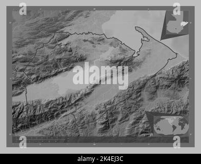 Izabal, department of Guatemala. Grayscale elevation map with lakes and ...