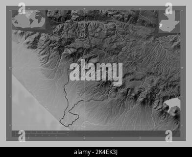 San Marcos, department of Guatemala. Grayscale elevation map with lakes ...