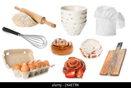 Collage of kitchen utensils with chef's hat, products and pie on white ...