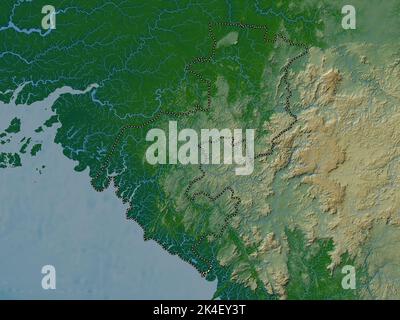 Boke, region of Guinea. Colored elevation map with lakes and rivers ...