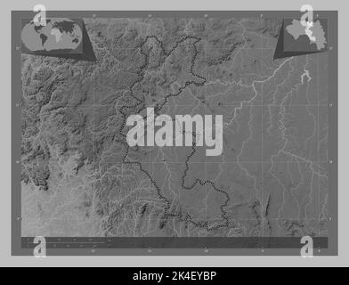 Faranah, region of Guinea. Grayscale elevation map with lakes and ...