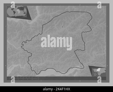 Oio, region of Guinea-Bissau. Grayscale elevation map with lakes and ...