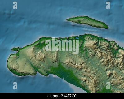 Ouest, department of Haiti. Colored elevation map with lakes and rivers ...