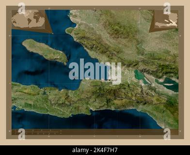 Ouest, department of Haiti. Low resolution satellite map. Locations and ...