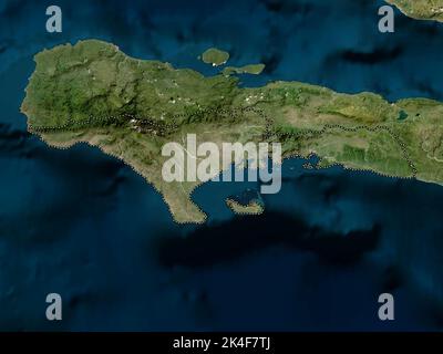 Sud, department of Haiti. Low resolution satellite map. Locations and ...