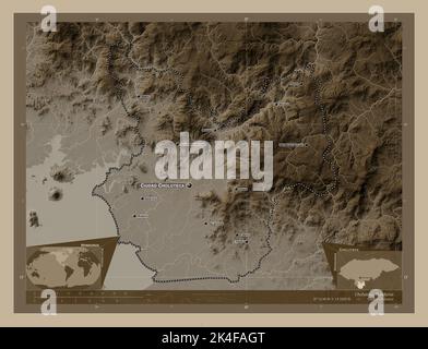 Choluteca, department of Honduras. Colored elevation map with lakes and ...