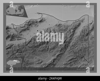 Colon, department of Honduras. Grayscale elevation map with lakes and ...