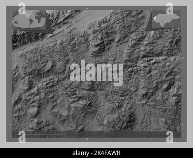 Copan, department of Honduras. Grayscale elevation map with lakes and ...