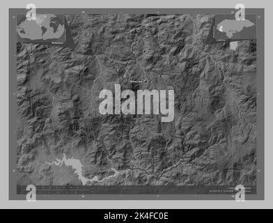 Lempira, department of Honduras. Grayscale elevation map with lakes and ...