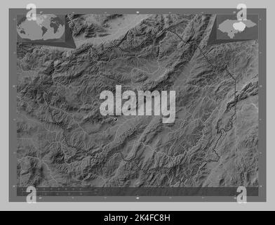 Olancho, department of Honduras. Grayscale elevation map with lakes and ...