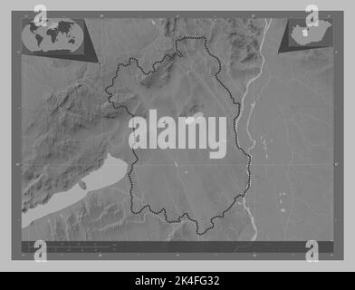 Fejer, county of Hungary. Grayscale elevation map with lakes and rivers ...