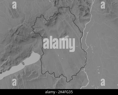 Fejer, county of Hungary. Grayscale elevation map with lakes and rivers ...