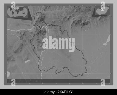 Pest, county of Hungary. Grayscale elevation map with lakes and rivers ...