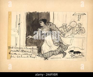 Drawing by Fritz von Dardel. "It rings in the tambourine Anna!" A woman ...
