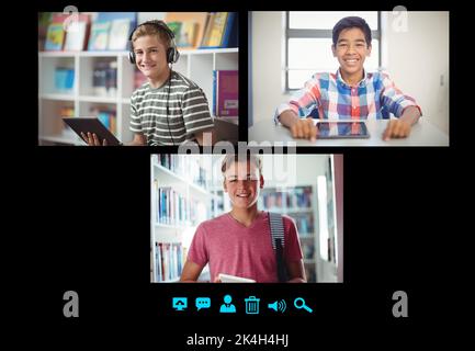 Video call interface with schoolchildren on screen. communication ...