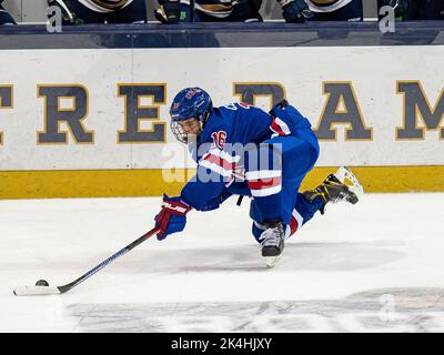 SOUTH BEND, IN - OCTOBER 02: USA U18 defenseman Zeev Buium (28) takes ...