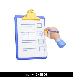 3D illustration of pen putting blue ticks on checklist papers. Election ...