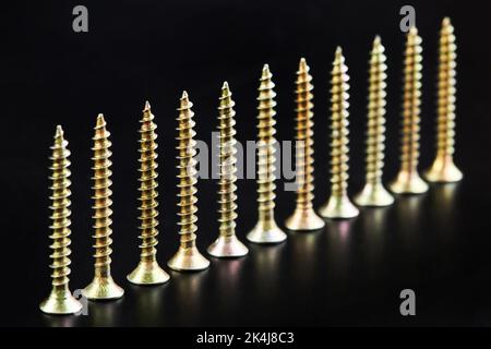A row of screws or self-tapping screws with a yellow coating on a black ...