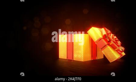 lighting opened golden and red gift on dark backdrop - object 3D ...