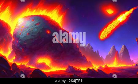 Space asteroids falling on planet, explosions and collisions of comets ...