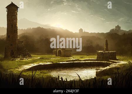 A 3D rendering of medieval stony castle Stock Photo - Alamy
