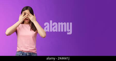 Shocked concerned asian girl witness terrible crime feel insecure ...