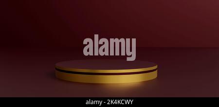 Red cylinder podium with decorative objects in black background. Stand ...