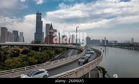 Aerial photos of Haijin Bridge and Fumin Bridge along the Haihe River ...