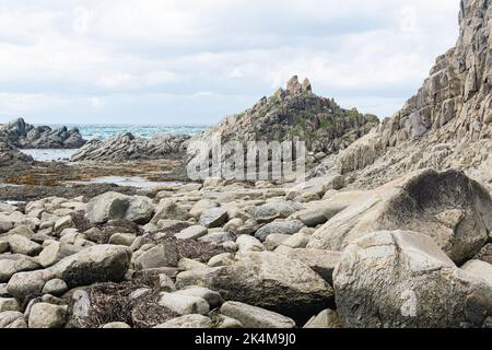 ocean shore with rocks of columnar basalt, Cape Stolbchaty on Kunashir ...