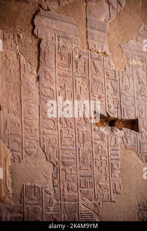Beautiful mural, hieroglyphs inside the temple of Hatshepsut. Jeser ...
